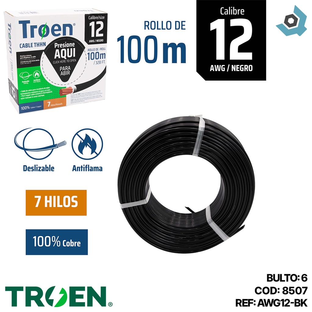 CABLE ELECTRICO 12 AWG NEGRO 7 HILOS TROEN | Litani Import Export